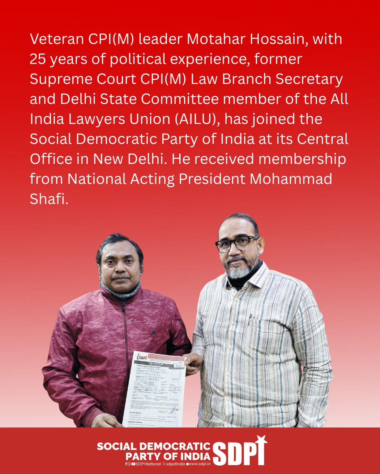 Welcome to SDPI, Motahar Hossain – Social Democratic Party of India